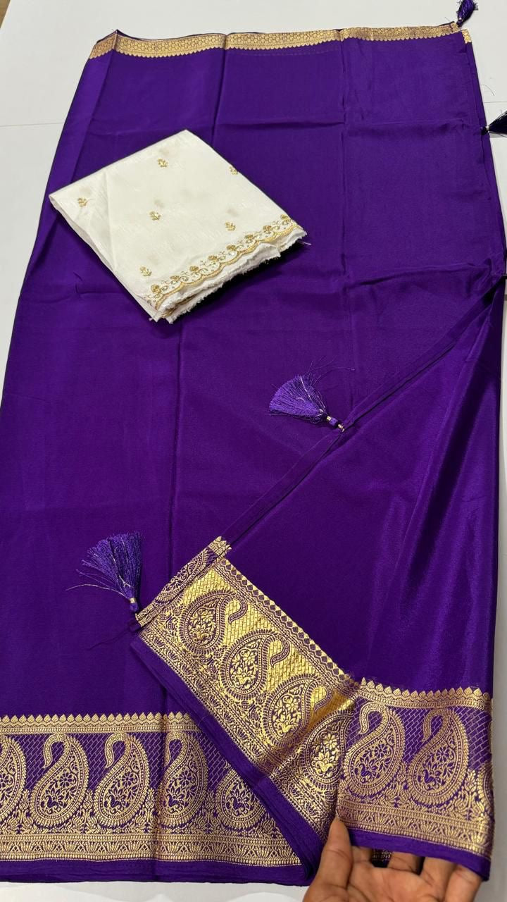Mysore crepe mango border washable – Sarees By Varahi
